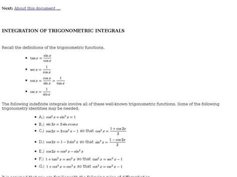 Integration Of Trigonometric Integrals Interactive For 9th 10th Grade Lesson Planet