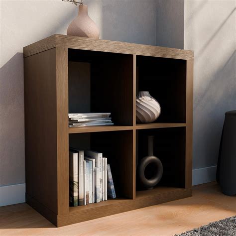 2 Level Cubic Bookshelf With 4 Compartments Walnut