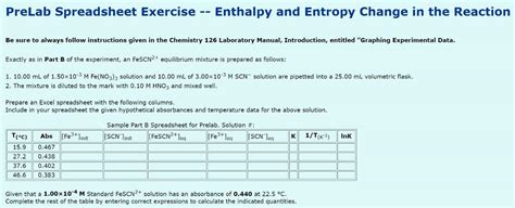 Solved Prelab Spreadsheet Exercise Enthalpy And Entropy