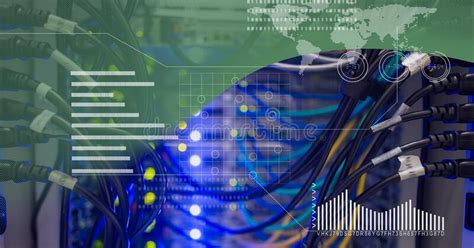 Data Processing Over Close Up View Of Computer Server Against Green Technology Background Stock