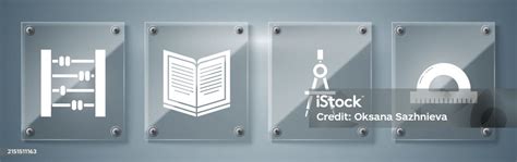 각도 측정을 위한 각도기 그리드 나침반 그리기 펼쳐진 책 및 주판을 설정합니다 정사각형 유리 패널 벡터 각도에 대한 스톡 벡터