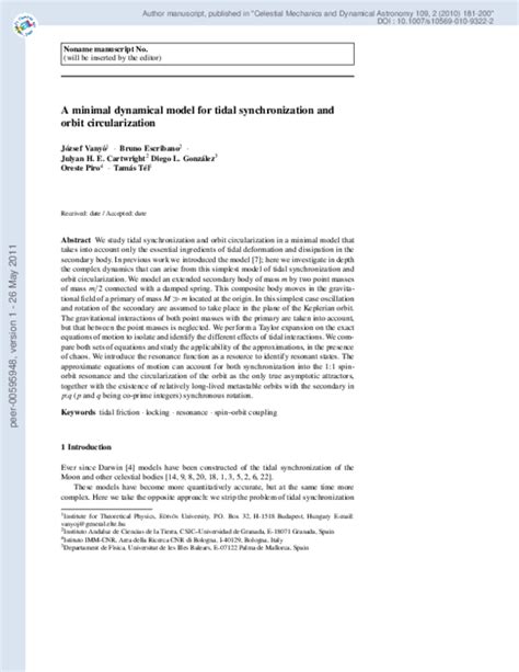 Pdf A Minimal Dynamical Model For Tidal Synchronization And Orbit