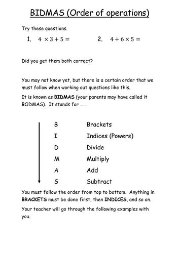 Bidmas Notes And Exercises Ideal For Both Ks3 And Ks4 Teaching Resources