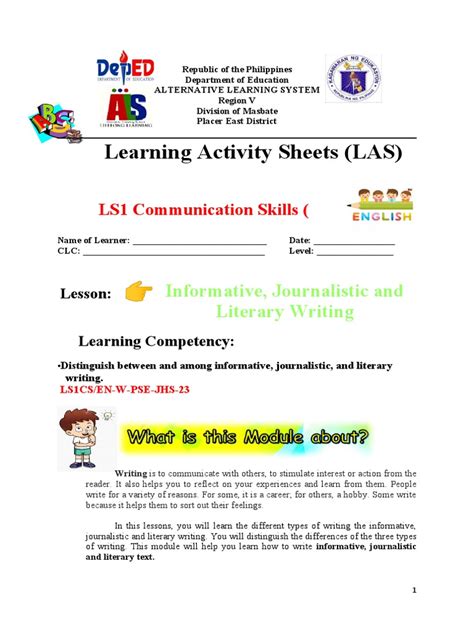 Learning Activity Sheets Las Ls1 Communication Skills Pdf