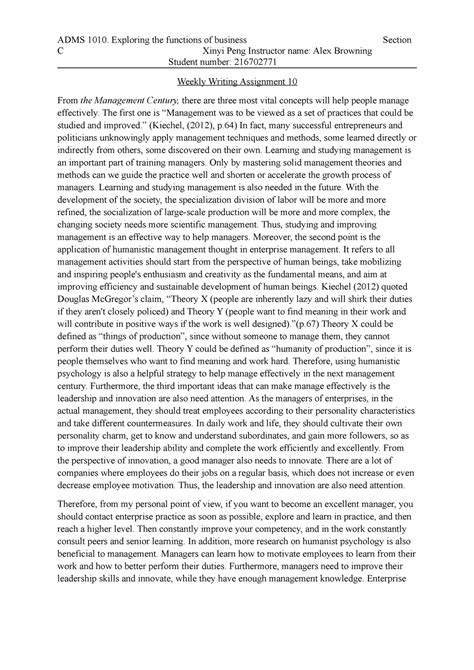 Weekly Writing Assignment 10 Adms 1010 Exploring The Functions Of