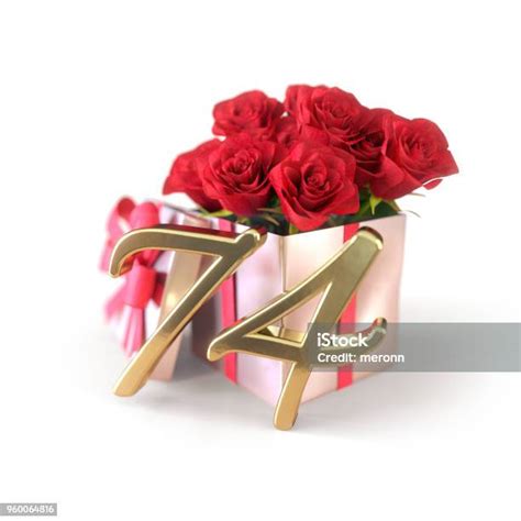 생일 선물 흰색 배경에 고립에 빨간 장미와 개념 70네번째 74 3d 렌더링 0명에 대한 스톡 사진 및 기타 이미지 0명 3차원 형태 금색 Istock