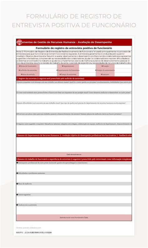 Planilhas Formulário De Registro De Entrevista Positiva De Funcionário