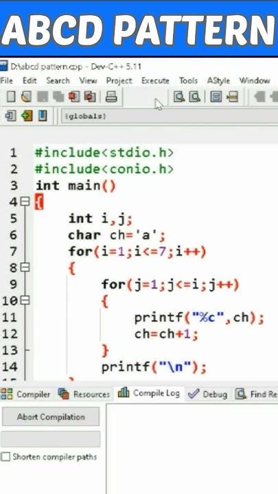 Abcd Pattern Print In C Programming Cprogramming Shorts Youtube