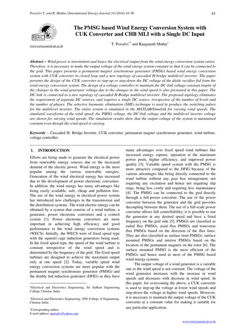 Pdf Pmsg Based Wind Energy Conversion System With Cuk Converter