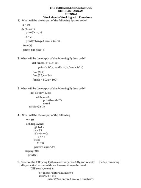 Python Function Worksheet Pdf Parameter Computer Programming