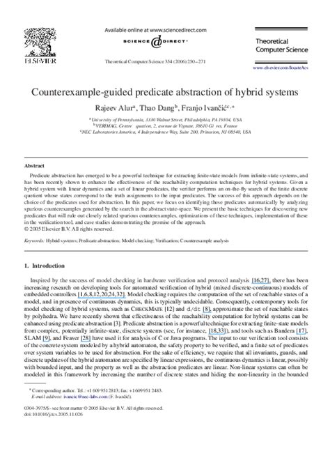 Pdf Counter Example Guided Predicate Abstraction Of Hybrid Systems