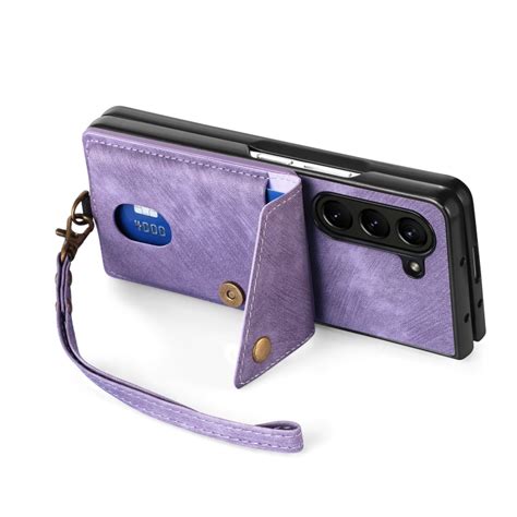 삼성 갤럭시 Z 폴드5 5g 레트로 카드 지갑용 스트랩이 있는 접이식 가죽 전화 케이스보라색