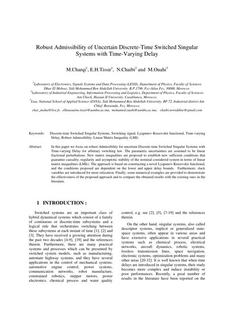 Pdf Robust Admissibility Of Uncertain Discrete Time Switched Singular Systems With Time