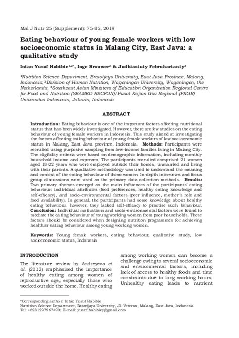 Pdf Eating Behaviour Of Young Female Workers With Low Socioeconomic Status In Malang City