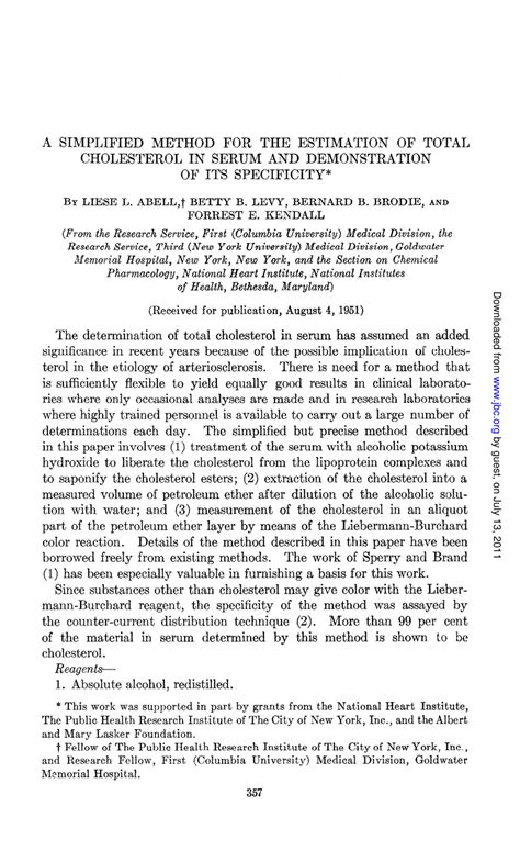 Pdf A Simplified Method For The Estimation Of Total Cholesterol In Serum And Demonstration Of
