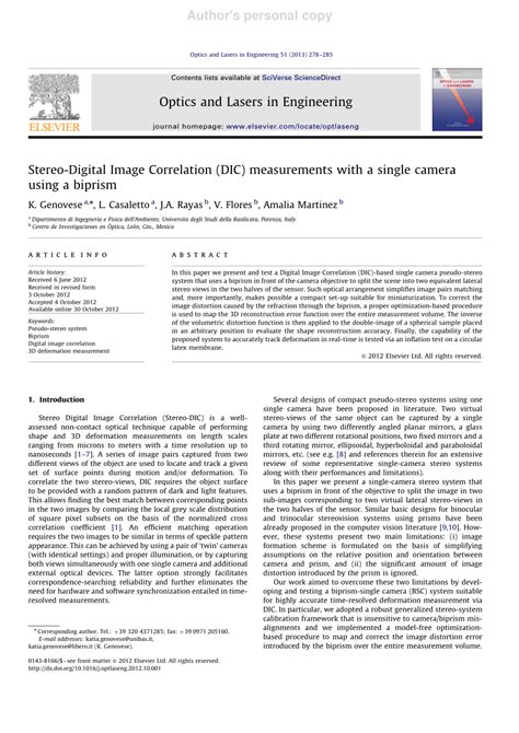 Pdf Stereo Digital Image Correlation Dic Measurements With A Single