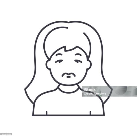 슬픈 아이콘 선형 격리 된 그림 얇은 선 벡터 웹 디자인 기호 흰색 배경에 편집 가능한 스트로크와 개요 개념 기호 가공의 인물에