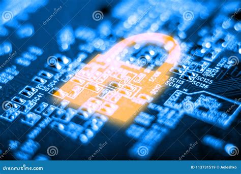 Glowing Lock Icon On The Electronic Board With A Microchip Concept Of Information Security