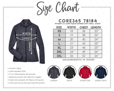 Core365 78184 Size Color Chart • 4 Colors • Core365 Womens 2 Layer Soft Shell Jacket • 78184