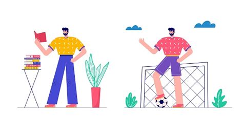 축구 요리 독서 책 게임을 하는 현대인 취미 작업 여가를 즐기는 캐릭터 세트 플랫 만화 스타일의 벡터 일러스트레이션 건강한 생활방식에 대한 스톡 벡터 아트 및 기타 이미지