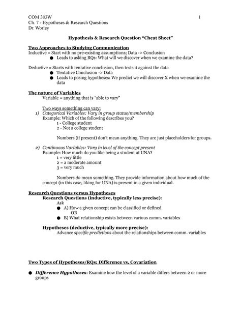 Com 303 W Rqs And Hs Cheat Sheet F21 Com 303w 1 Ch 7 Hypotheses