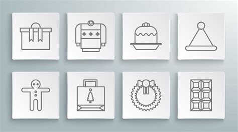 세트 라인 휴일 진저 브레드 남자 쿠키 크리스마스 스웨터 종이 쇼핑백 화 환 초콜릿 바 케이크 산타 클로스 모자 및 선물 상자 아이콘 벡터 0명에 대한 스톡 벡터 아트 및