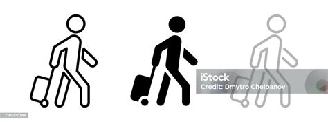 수하물 아이콘이 있는 승객 짐을 가진 걷는 사람 벡터 그림 휴가 상징에 여행하는 사람 여행 가방 표지판을 가진 승객 블랙과 아웃라인 트래블러 실루엣 가방에 대한 스톡 벡터