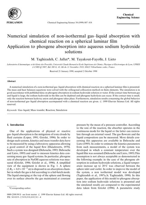 PDF Numerical Simulation Of Non Isothermal Gasliquid Absorption With Chemical Reaction On A