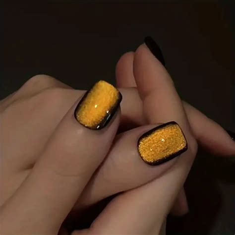Summer 9d Cat Eye Fake Nails Reflective Glitter Yellow Press Temu