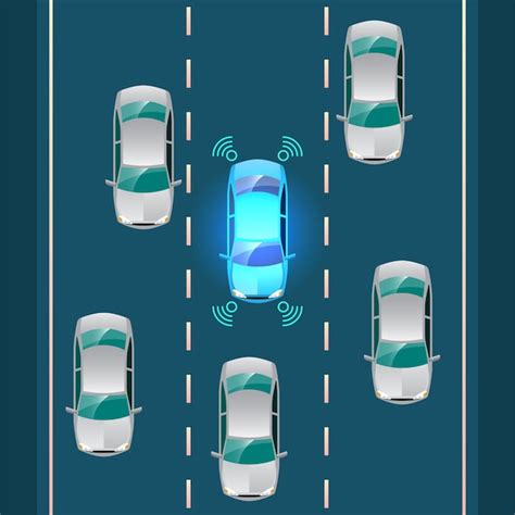 자율주행 스마트카 자동차 주변 도로를 주행하는 자동 무선센서 자율주행 스마트카 도로를 스캔하며 거리를 관찰하고 자동 제동 시스템 무료 벡터