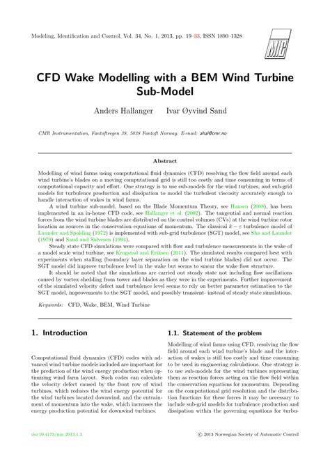 Pdf Cfd Wake Modelling With A Bem Wind Turbine Sub Model