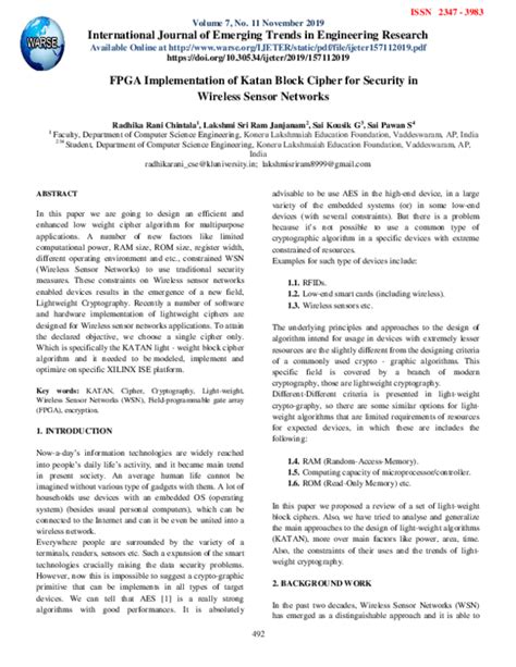Pdf Fpga Implementation Of Katan Block Cipher For Security In Wireless Sensor Networks