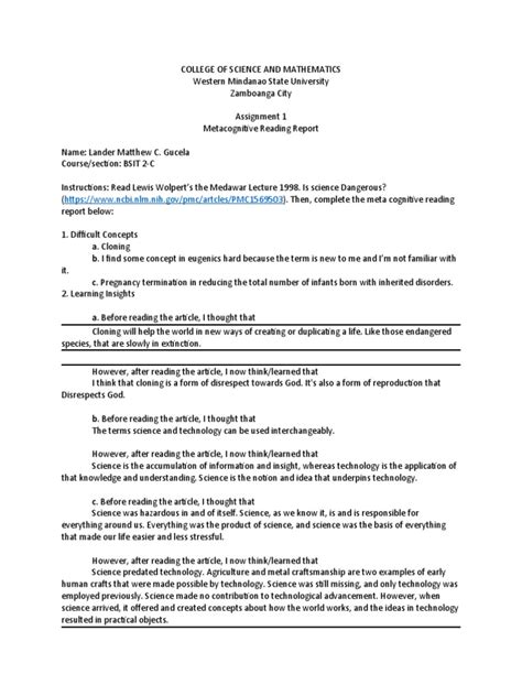 M1 Section 1 Assignment 1 Metacognitive Reading Report Pdf Science Metacognition