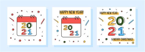 화려한 밝은 새해 복 많이 받으세요 2021 및 메리 크리스마스 인사말 카드의 세트는 기하학적 선형 아이콘과 흰색 배경에 색종이 겨울 휴가를위한 축제 스타일의 배너 벡터