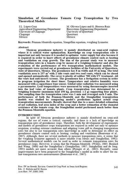 Simulation Of Greenhouse Tomato Crop Transpiration By Two Pdf