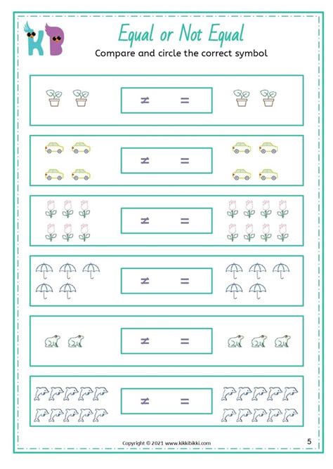 Equal Or Not Equal Kindergarten Worksheets