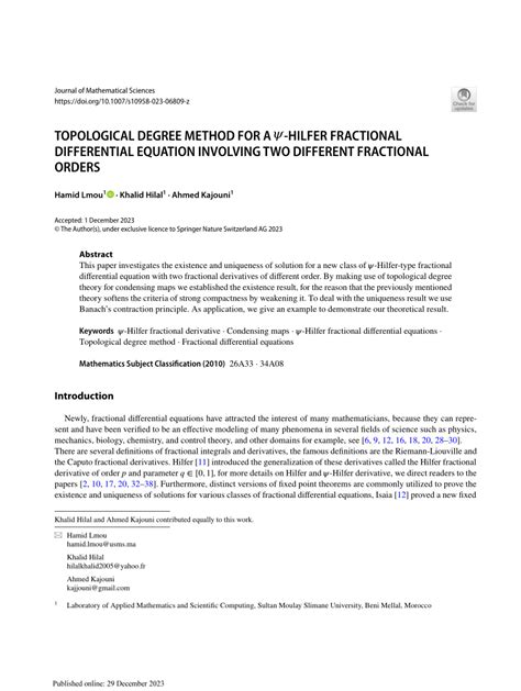 Pdf Topological Degree Method For A Psi Hilfer Fractional Differential Equation