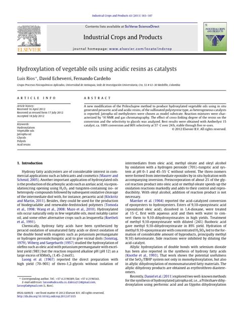 Hydroxylation Of Vegetable Oils Using Acidic Resins As Catalysts Pdf