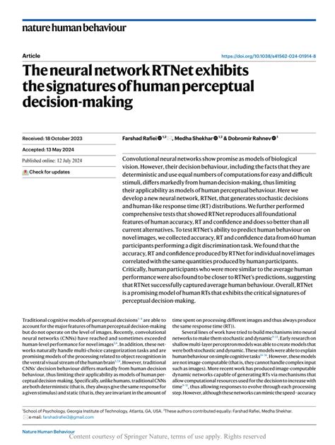 The Neural Network Rtnet Exhibits The Signatures Of Human Perceptual