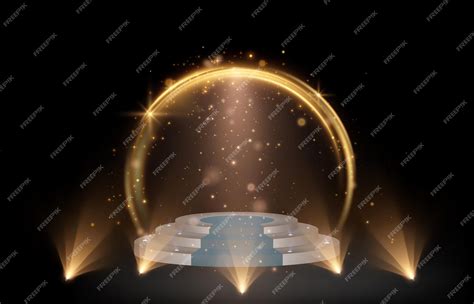 3d 장면 수상자 연단 플랫폼 배경에는 특수 조명 효과가 있는 네온 원이 있습니다 프리미엄 벡터