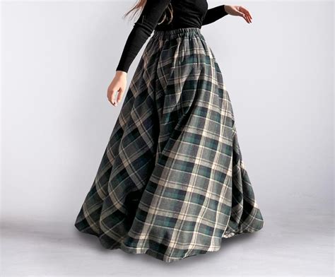 Long Wool Plaid Skirt Maxi Tartan Skirt With Pockets Long Winter Skirt
