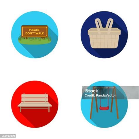 기호 음식 바구니 벤치 그네의 잔디 공원 평면 스타일 벡터 기호 재고 일러스트 레이 션 웹에서 컬렉션 아이콘을 설정합니다 0명에 대한 스톡 벡터 아트 및 기타 이미지