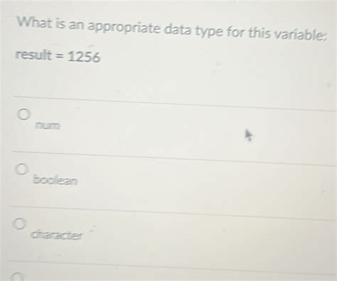 what is an appropriate data type for this variable result 1256 num boolean character [algebra]