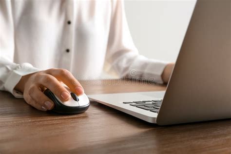 Woman Using Computer Mouse With Laptop At Table Stock Image Image Of Holding Computer 132794297