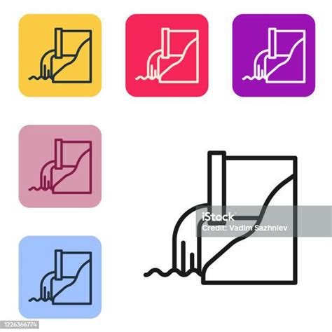 흰색 배경에 격리 된 검은 선 폐수 아이콘입니다 하수도 파이프 강으로 액체를 흐르는 파이프에서 색상 정사각형 버튼으로 아이콘을 설정합니다 벡터 일러스트레이션 0명에 대한