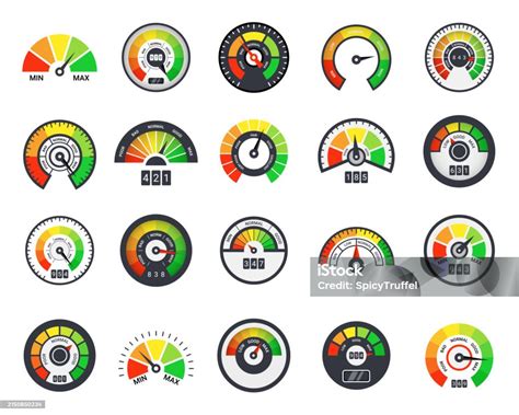 속도계 게이지 미터 신용 점수 최소 또는 최대 축척 화살표가 있는 속도 수준 표시기 고객 만족도가 낮거나 높습니다 속도 측정 Dashboard 요소입니다 벡터 플랫 아이콘