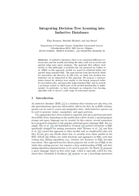 Pdf Integrating Decision Tree Learning Into Inductive Databases
