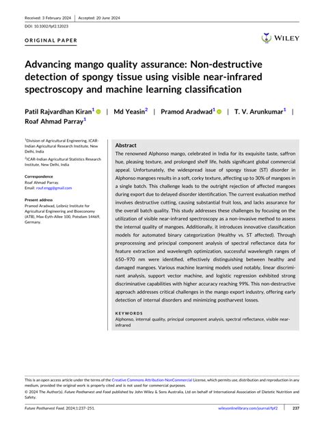 Pdf Advancing Mango Quality Assurance Non‐destructive Detection Of