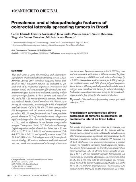 Pdf Prevalence And Clinicopathologic Features Of Colorectal Laterally Spreading Tumors In Brazil