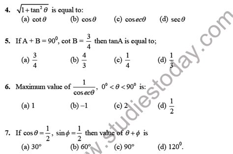 Cbse Class 10 Mathematics Introduction To Trigonometry Mcqs Set A With Answers